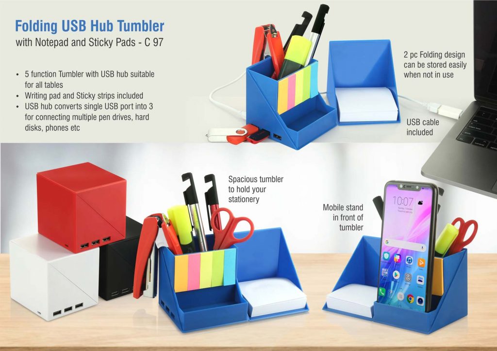 Folding USB hub tumbler with notepad and sticky pads | 3 USB ports ...