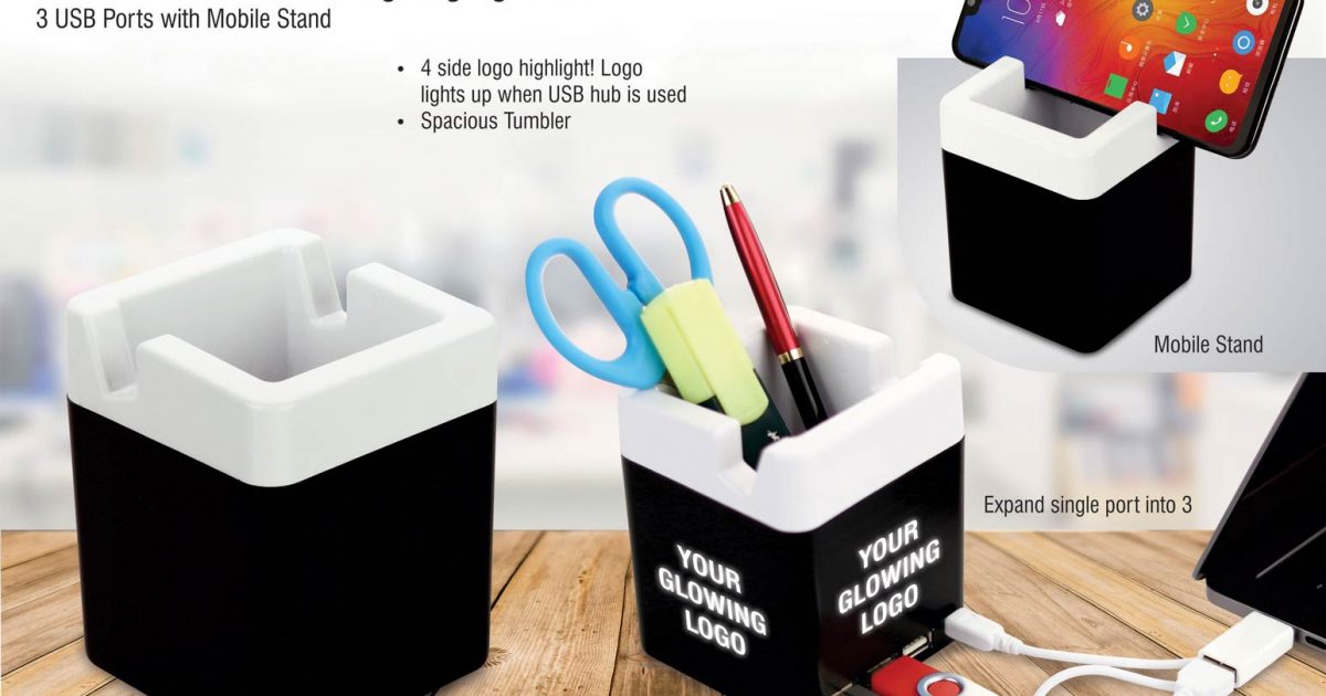 PowerGlow USB hub with tumbler and logo highlight | 3 USB ports | with ...