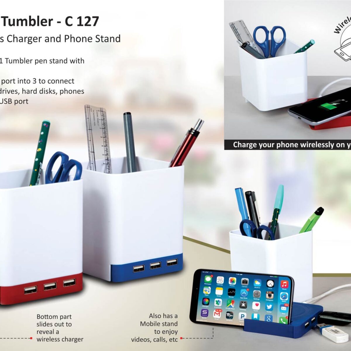 USB hub tumbler with wireless charger and Phone stand - Power Plus Store