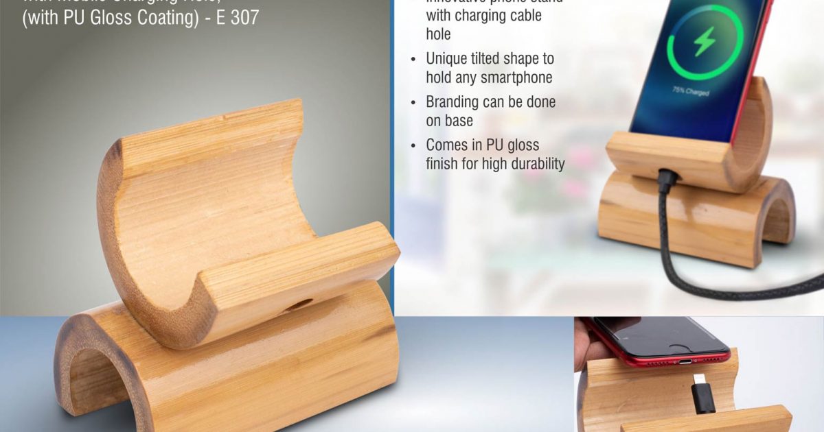 Bamboo Half moon phone stand with mobile Charging hole, (with PU Gloss ...