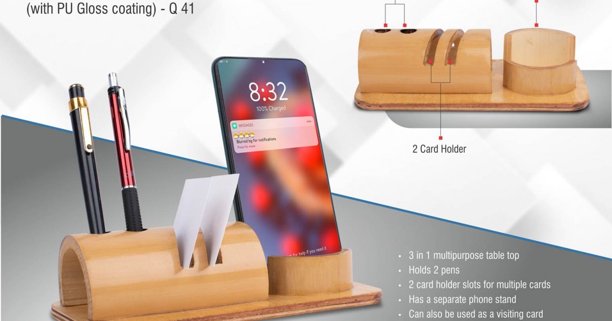 Bamboo phone stand with card holder and double pen stand (with PU Gloss ...
