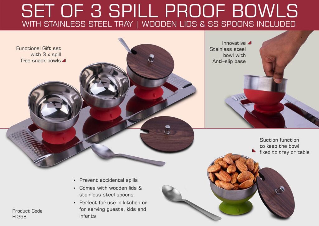 Set of 3 Spill Proof Bowls with Stainless Steel Tray | Wooden Lids & SS ...