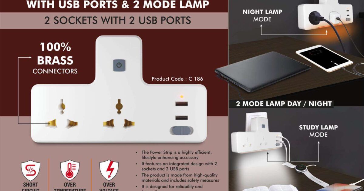 Power Strip with USB ports & Night Lamp | 2 sockets with 2 USB ports ...