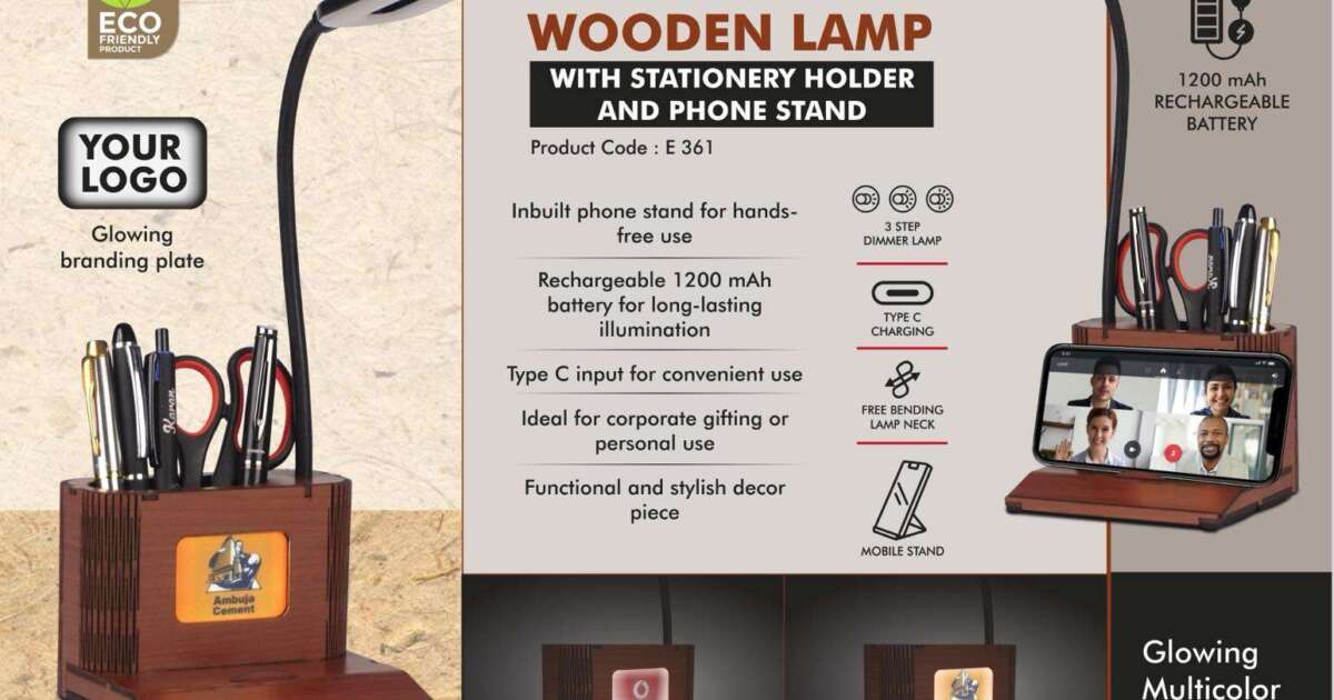 PowerGlow Wooden 3 step Dimmer Lamp With Glowing Multicolor Logo plate ...