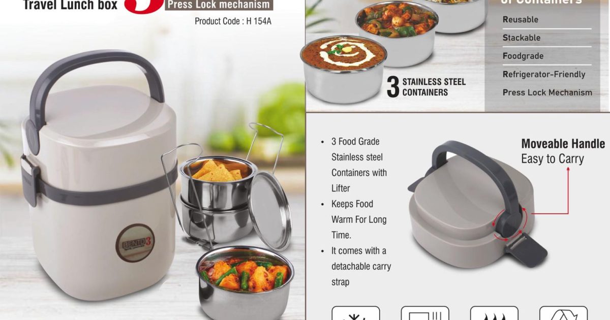 Bento Travel Lunch box with 3 Steel containers & Lifter | Press Lock ...