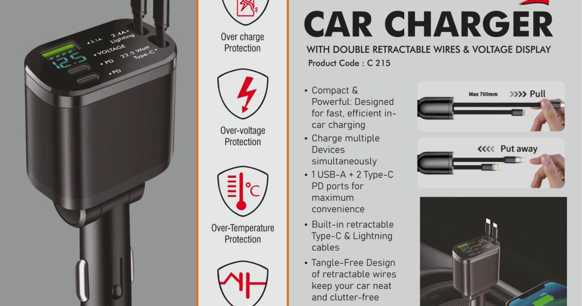 SnapCharge Duo: Car Charger with Double retractable wires & Voltage ...