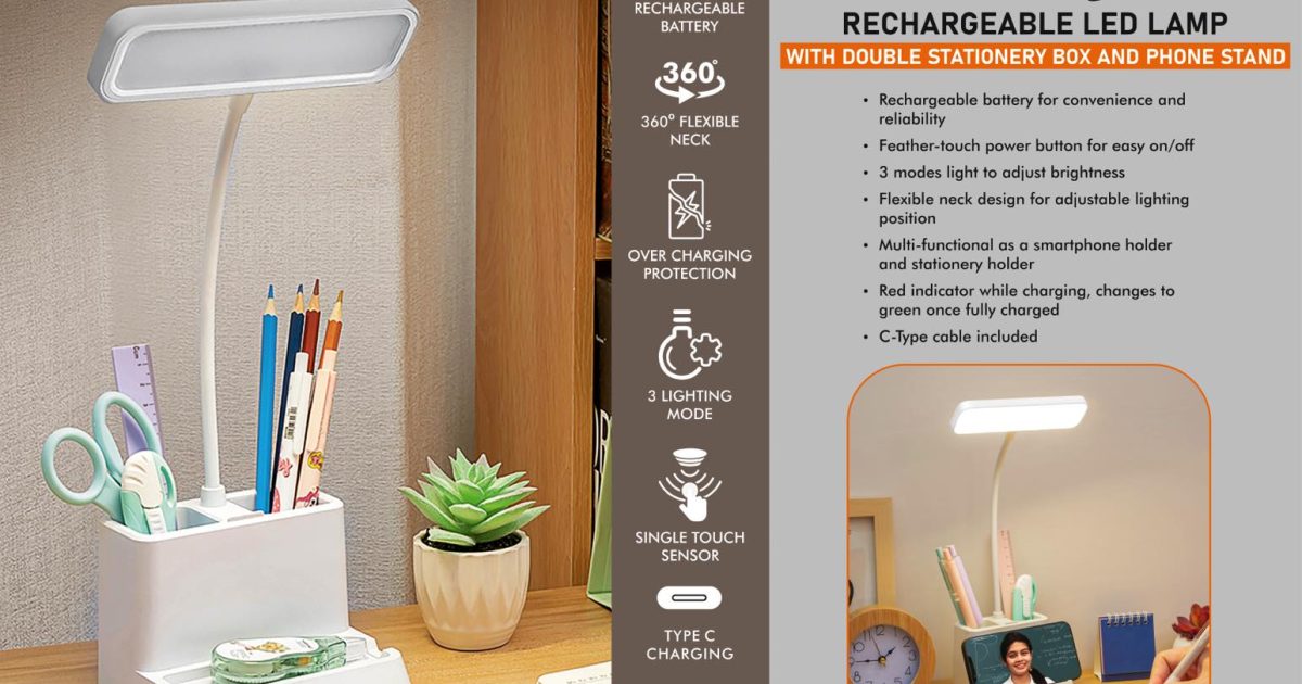 Podium Lite: Rechargeable LED lamp with Double stationery box and Phone ...