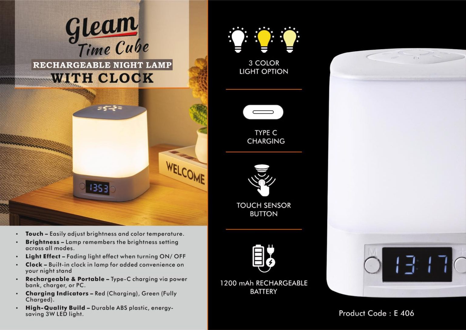 Gleam TimeCube: Soft touch Rechargeable Night Lamp with Clock | 3 Color ...