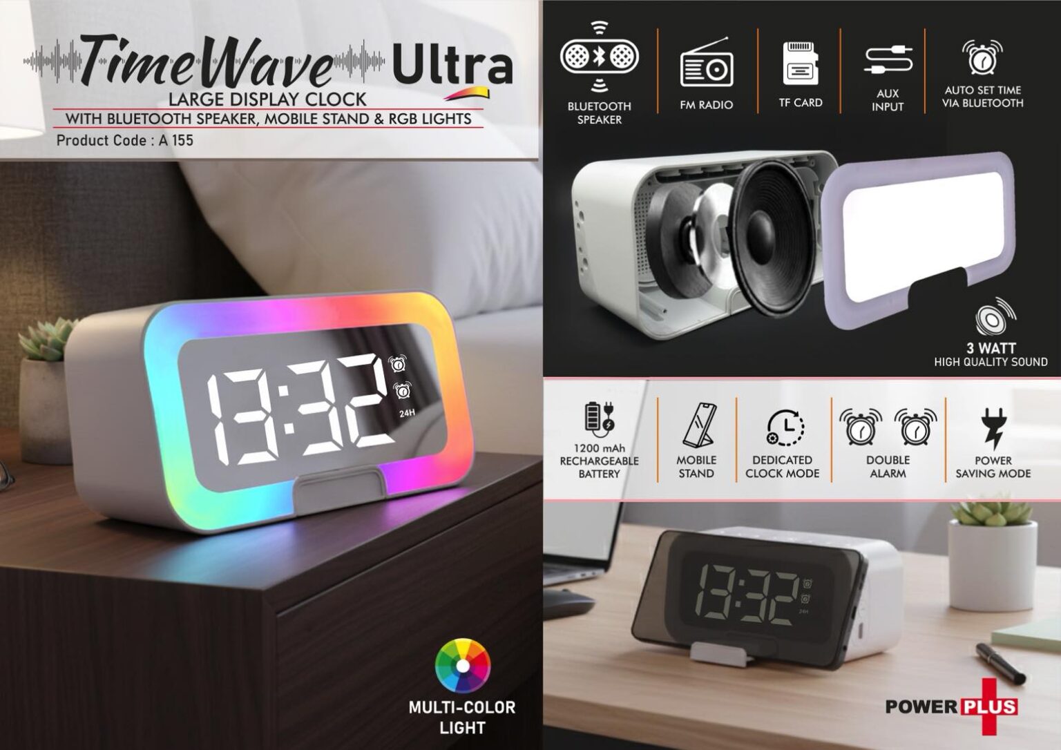 TimeWave Ultra: Large Clock with Bluetooth speaker, Mobile Stand & RGB ...