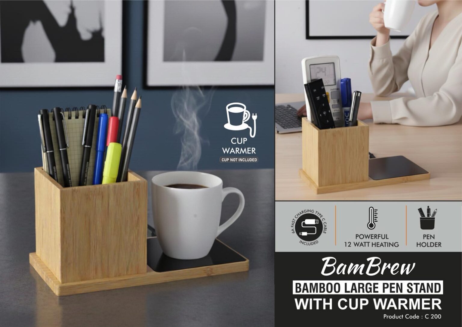 BamBrew: Bamboo Large Pen stand with Cup warmer - Power Plus Store