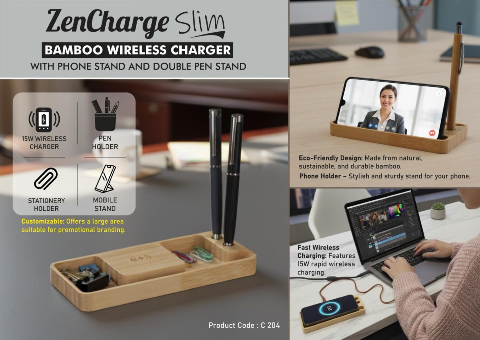 ZenCharge Slim: Bamboo Wireless charger with Phone stand and double Pen ...